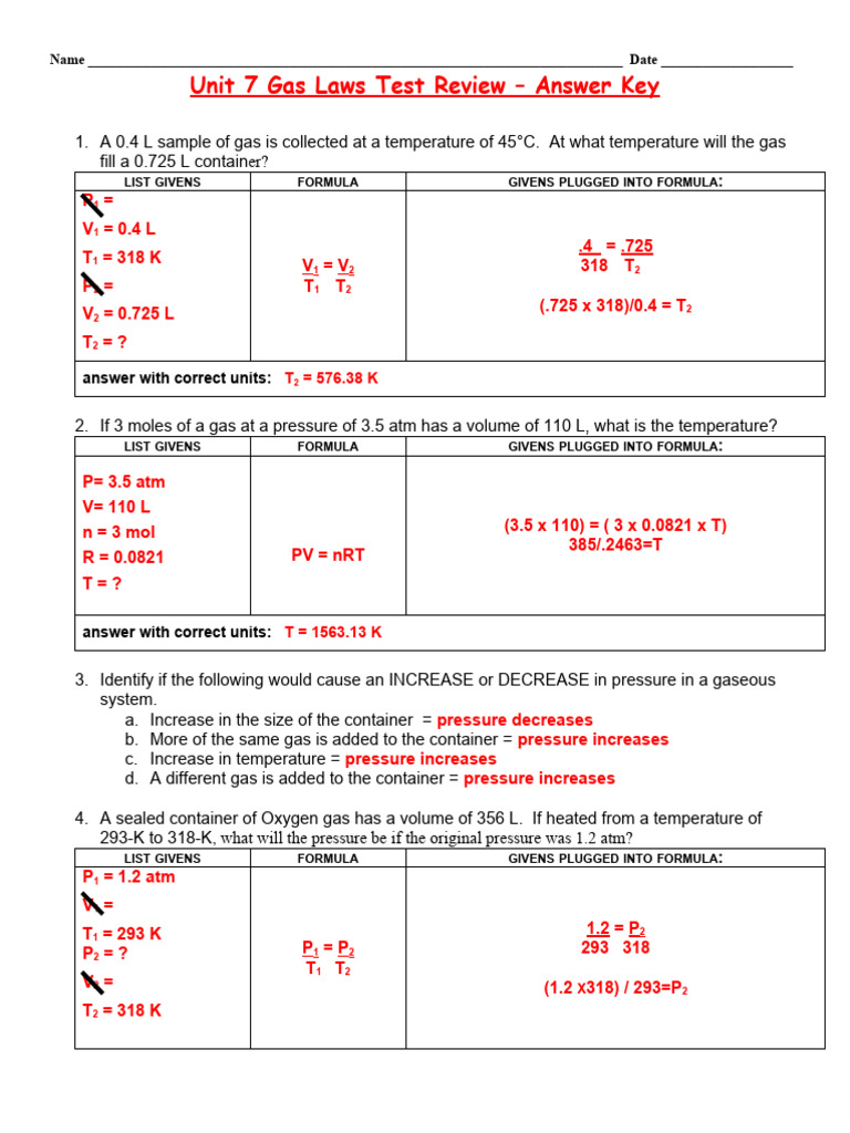 Gas Laws Test Review Answer Key | PDF | Gases | Temperature