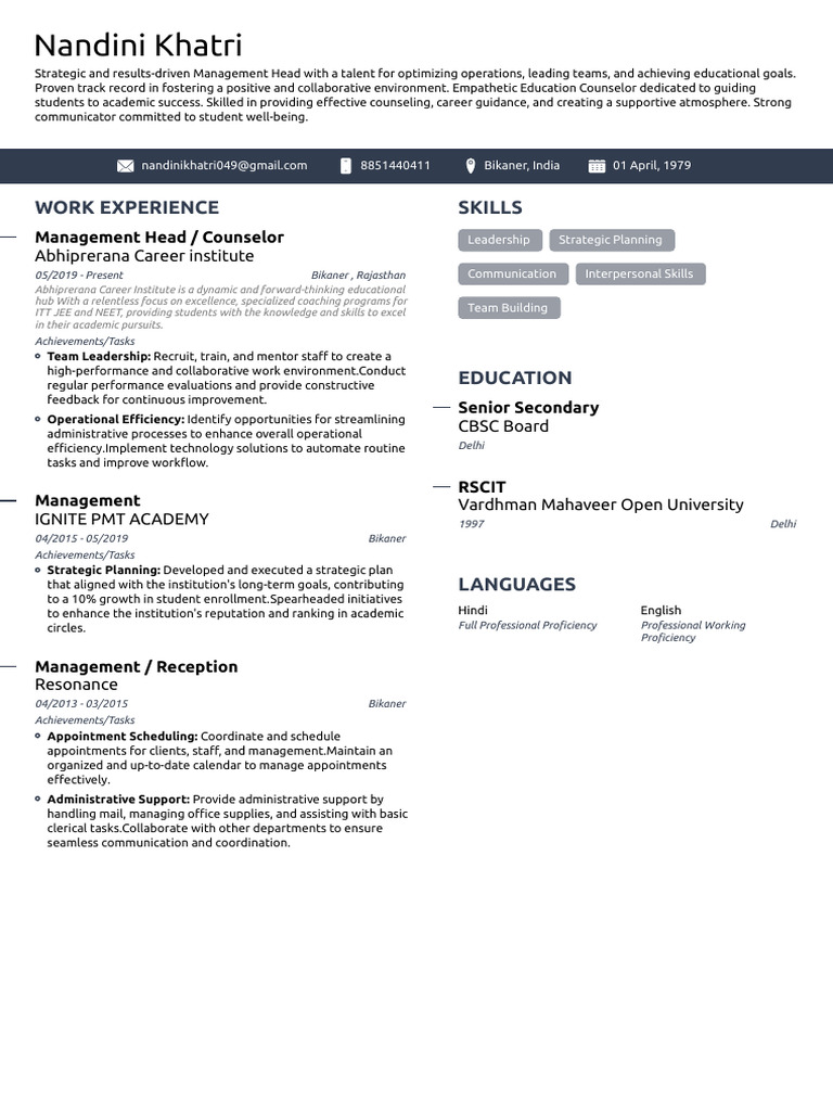 Nandini's Resume | PDF | Strategic Planning | Leadership