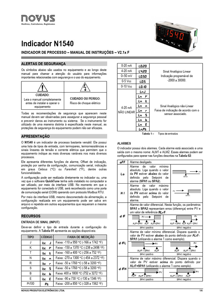 Manual do Indicador N1540 Novus | PDF | USB | Fonte de energia