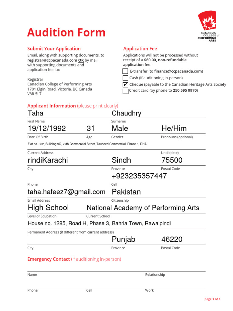 Fillable Audition Application Form TAHA | PDF