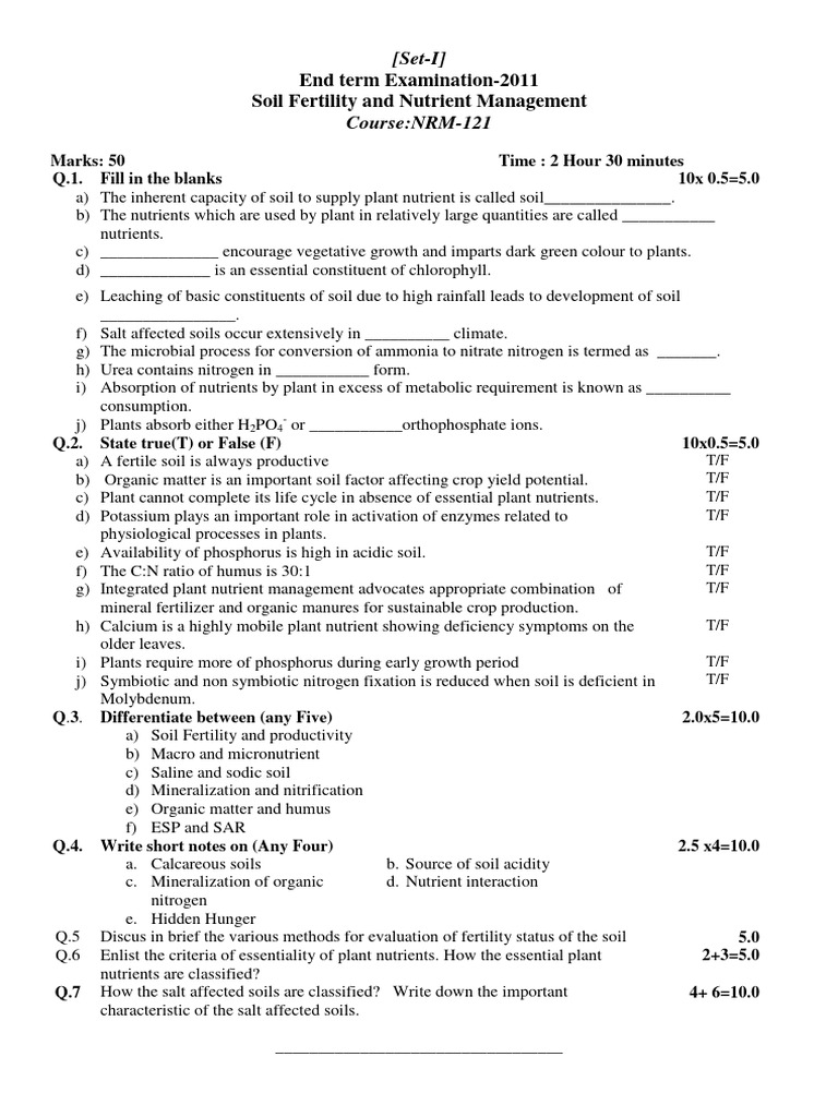 Question Paper Set I II NRM 121 2011 2 | PDF | Plant Nutrition | Soil