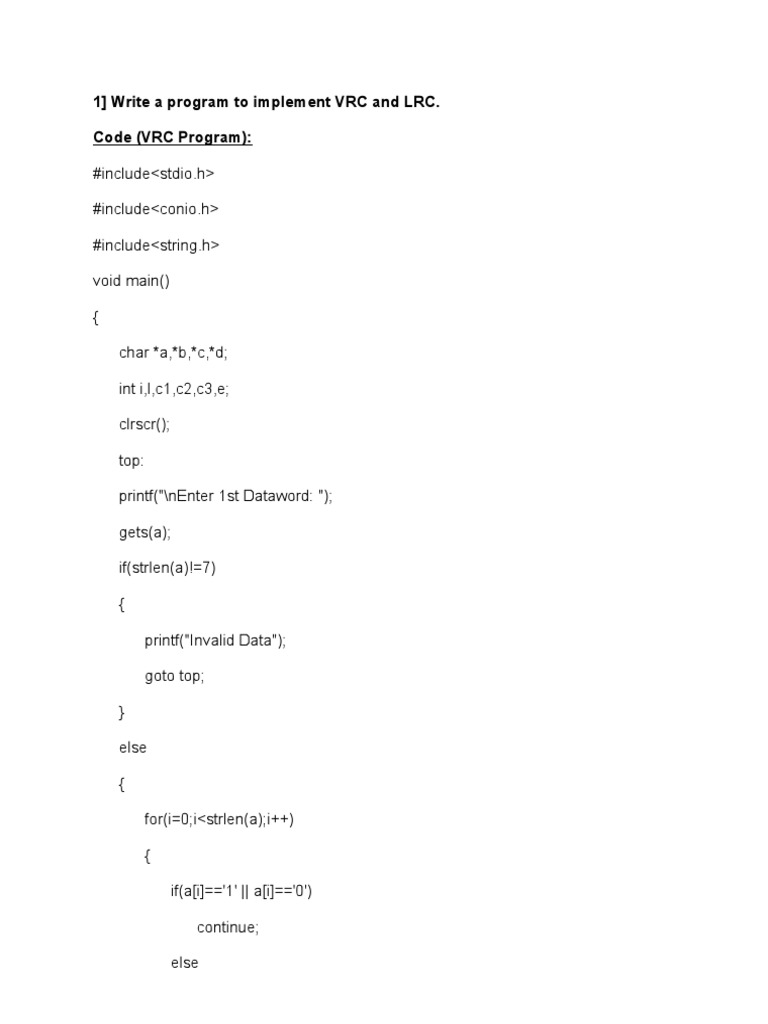 1) Write A Program To Implement VRC and LRC. Code (VRC Program) | PDF ... 1) Write A Program To Implement VRC and LRC. Code (VRC Program) | PDF ...