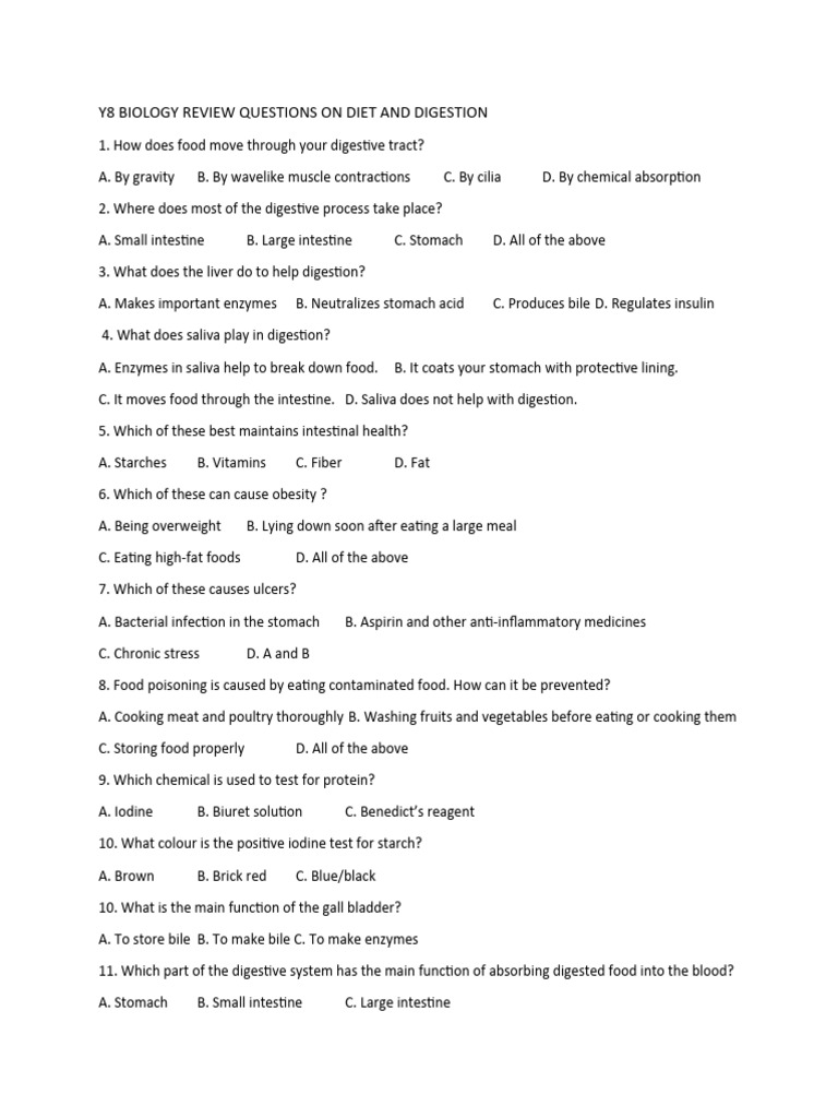 Y8 Biology Review Questions On Diet and Digestion | PDF | Digestion ...