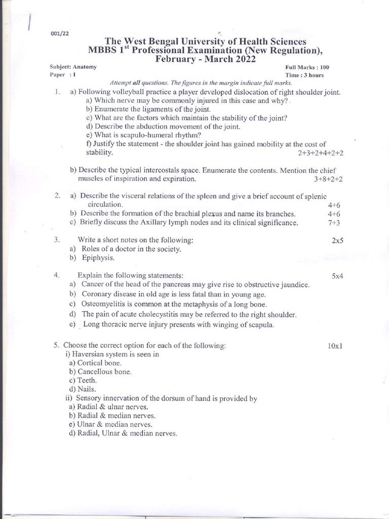 W.B.U.H.S First Professional February March 2022 M.B.B.S Question ...