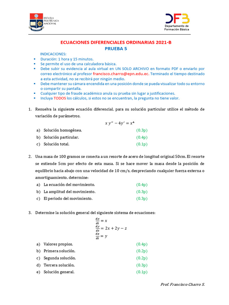 Prueba 5 - EDO | PDF | Ecuaciones | Física Aplicada e Interdisciplinaria