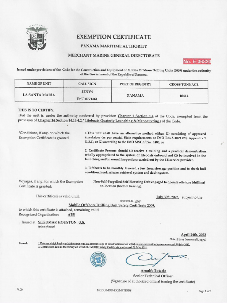 Exemption Certificate Lifeboats Quaterly Launching | PDF