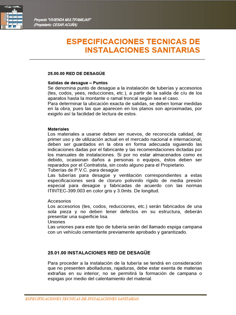 Especificaciones Sanitarias de Desagüe | PDF | Hormigón | Tubería (transporte de fluidos)