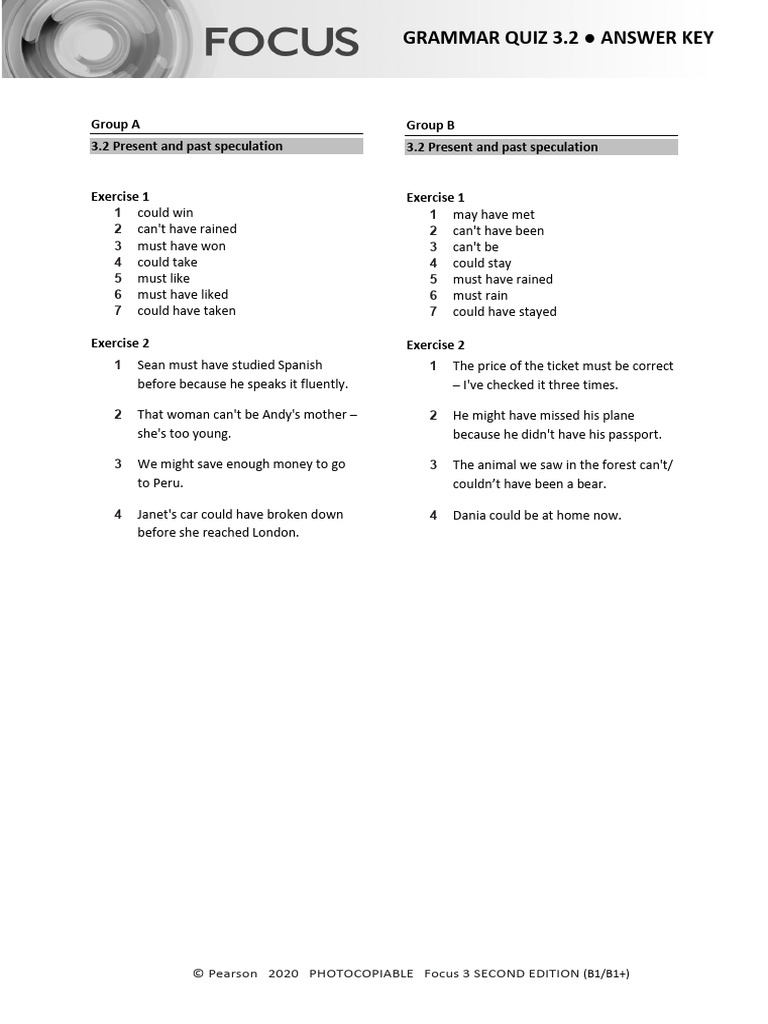 Focus3 2E Grammar Quiz Unit3 2 GroupA B ANSWERS | PDF
