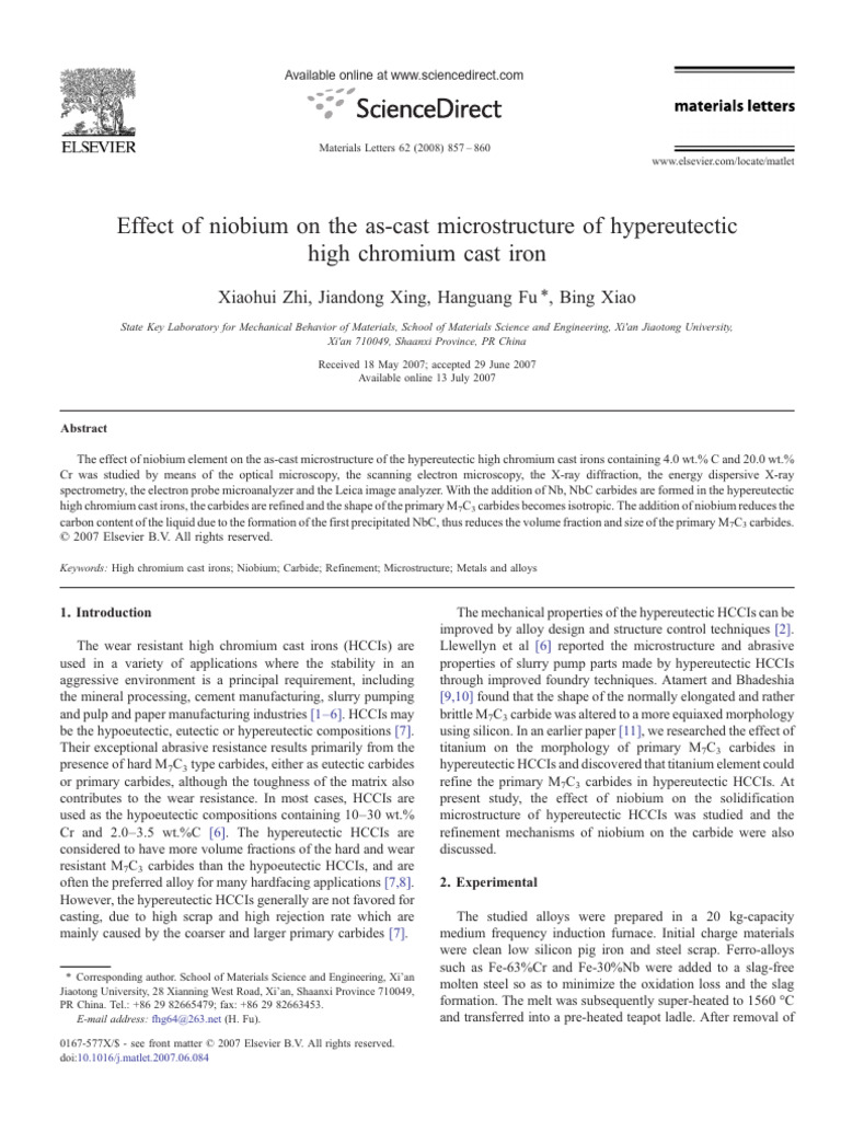 Effect Of Niobium On The As Cast Microstructure Of Hypereutectic High