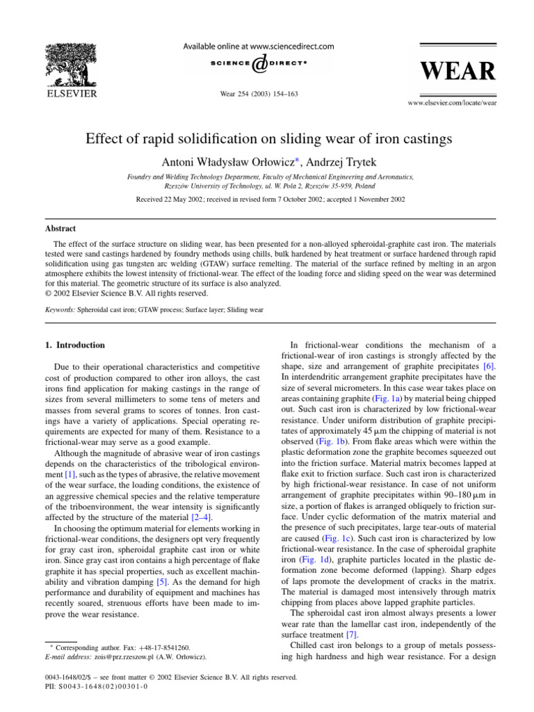 Effect of Rapid Solidification On Sliding Wear of Iron Castings | PDF Effect of Rapid Solidification On Sliding Wear of Iron Castings | PDF