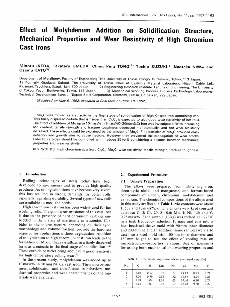 Effect of Molybdenum Addition On Solidification Structure, Mechanical Properties and Wear ...