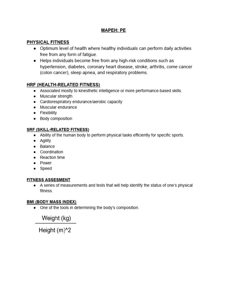 Pe & Health 1ST Quarter G10 | PDF | Physical Fitness | Body Mass Index