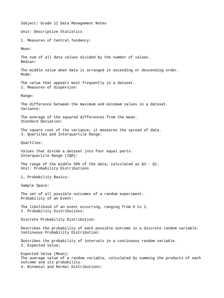 Subject Grade 12 Data Management Notes | PDF | Probability Distribution ...