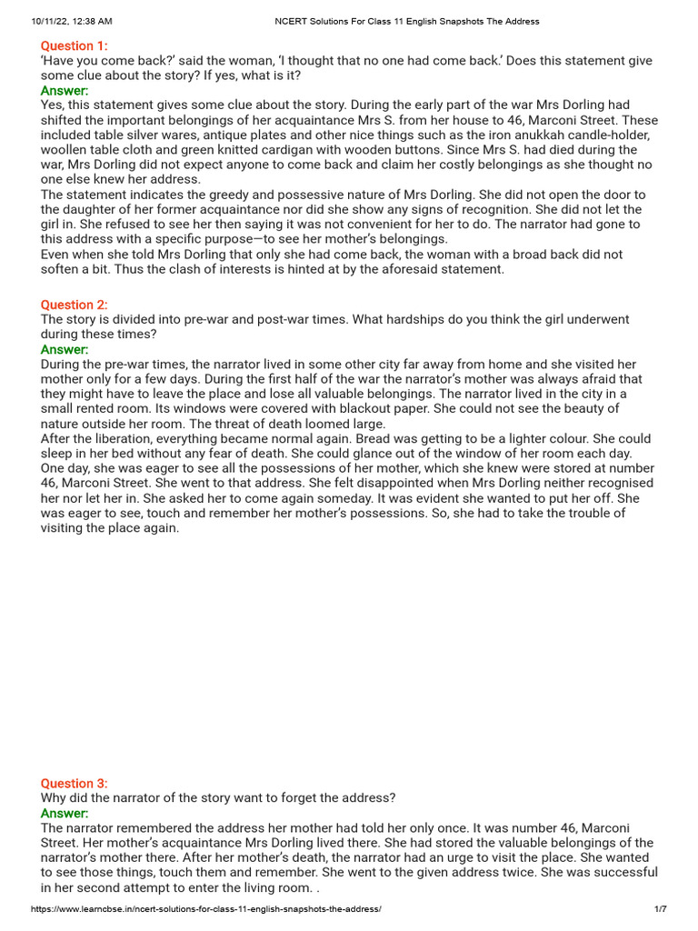 NCERT Solutions For Class 11 English Snapshots The Address | PDF