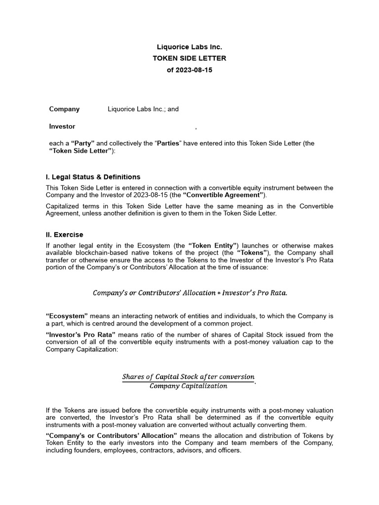 Token Side Letter (Liquorice Labs Inc.) | PDF | Stocks | Valuation ...