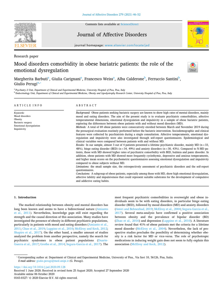 Mood Disorders Comorbidity in Obese Bariatric Patients The Role of The Emotional Dysregulation ...