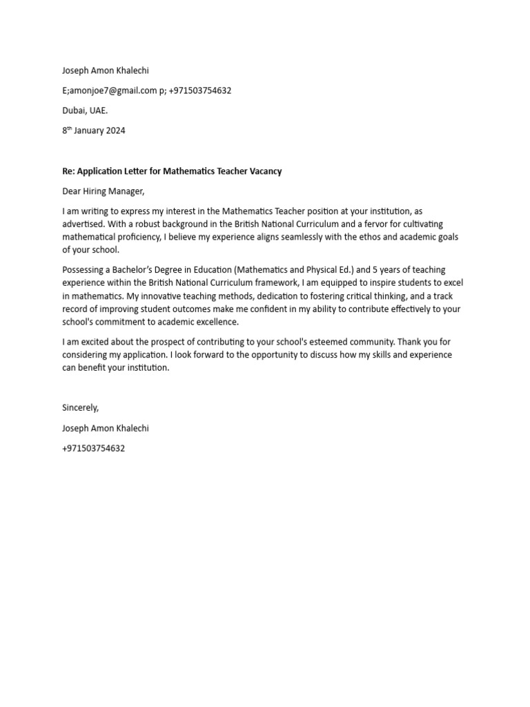 Joseph Amon Application Letter Maths | PDF