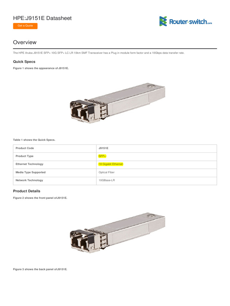 Hpe - J9151e-Datasheet - TRANSCEIVER | PDF | Computer Network | Ethernet