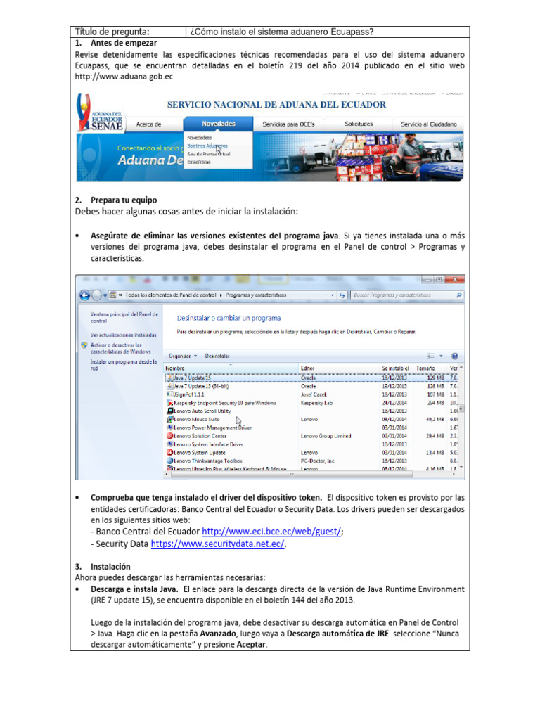 Cómo Instalo El Sistema Aduanero Ecuapass | PDF | Java (lenguaje de programación) | Informática