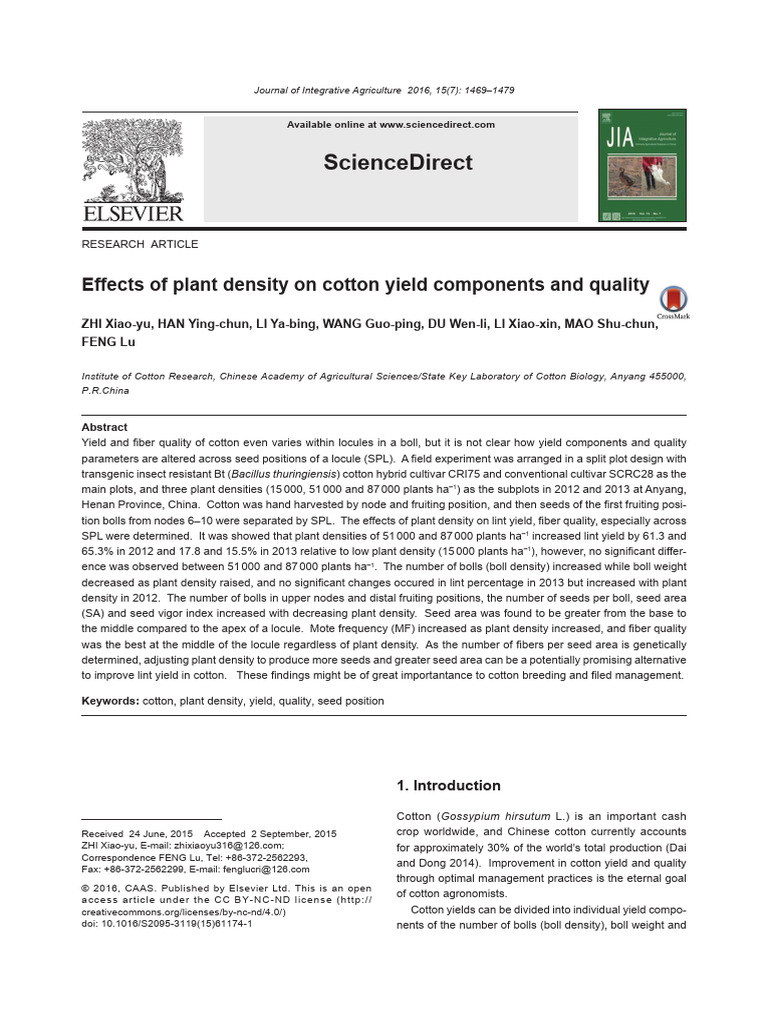 Effects of Plant Density of Cotton Yield | PDF | Cotton | Seed