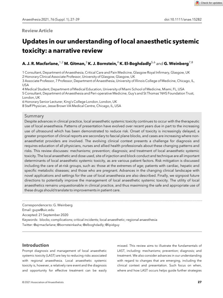 Updates in Our Understanding of Local Anaesthetic Systemic Toxicity ...