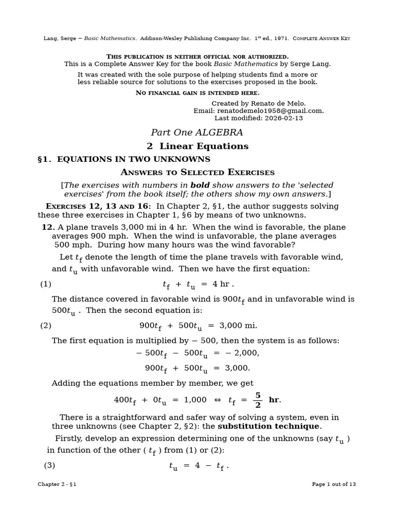 Complete Answer Key for Lang's Math | PDF | Equations | Algebra