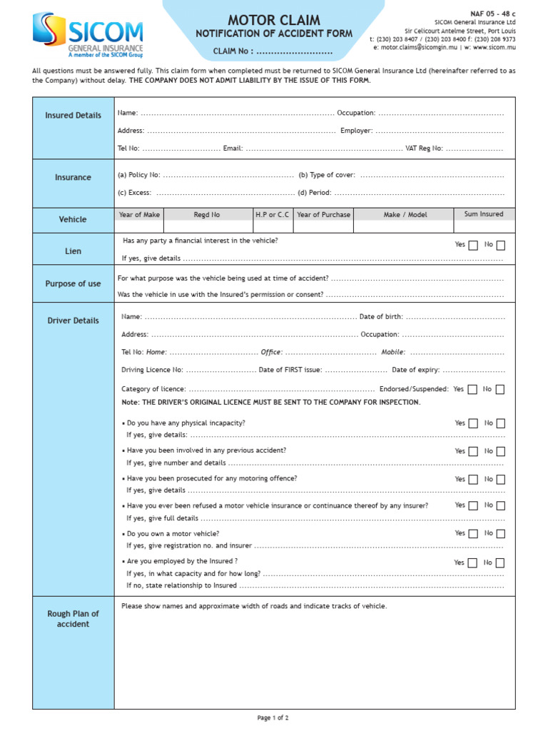 National Insurance Motor Claim Form | PDF | Insurance | Vehicles