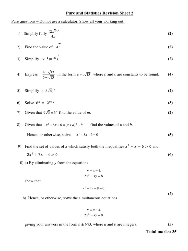Pure and Statistics Revision Sheet 2 | PDF