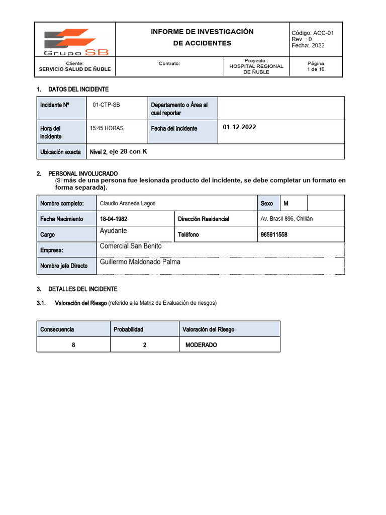 Informe de Investigación de Accidente Claudio Araneda CTP01-SB | PDF | Hospital