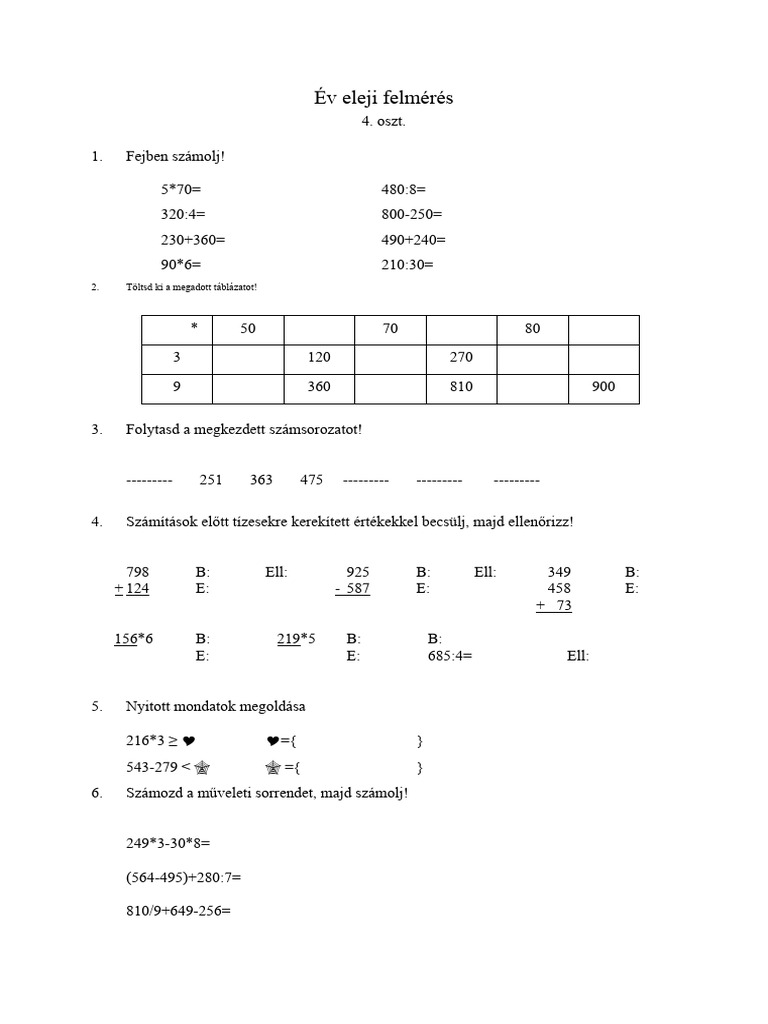 Év Eleji Felmérés-4. Oszt. | PDF