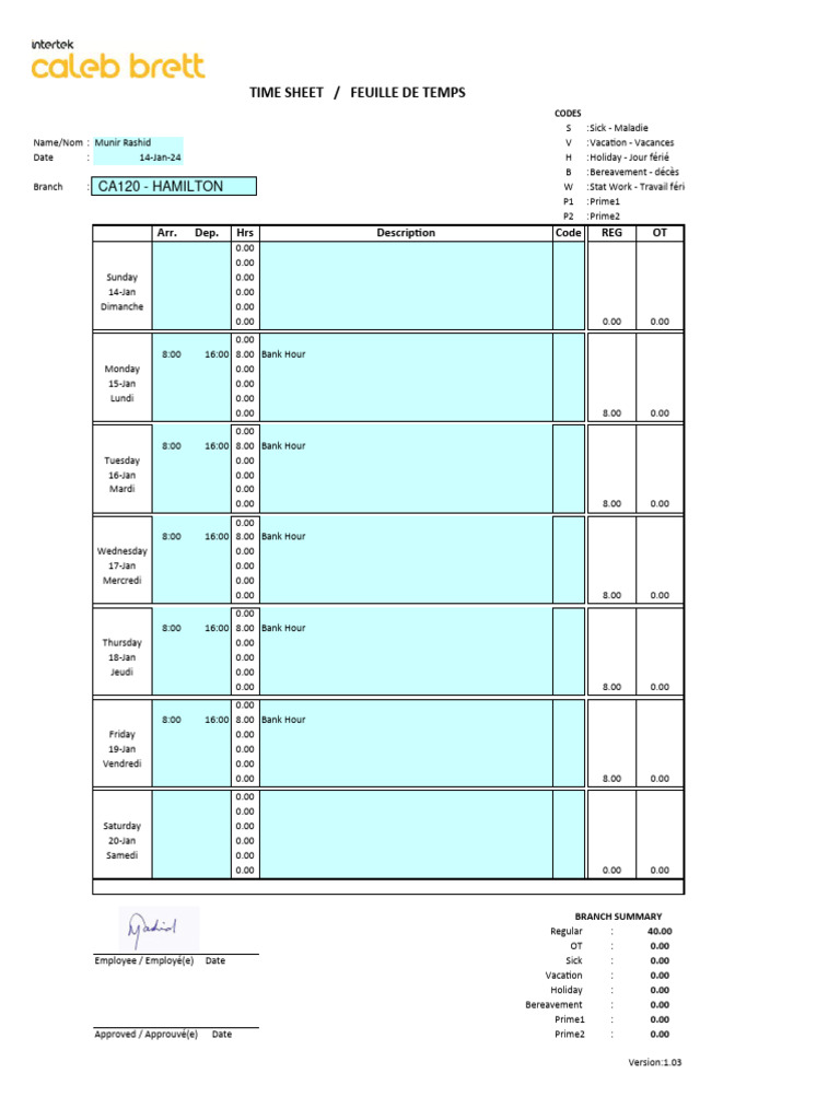 Time Sheet Jan 20, 2024 | PDF | Business | Employee Relations