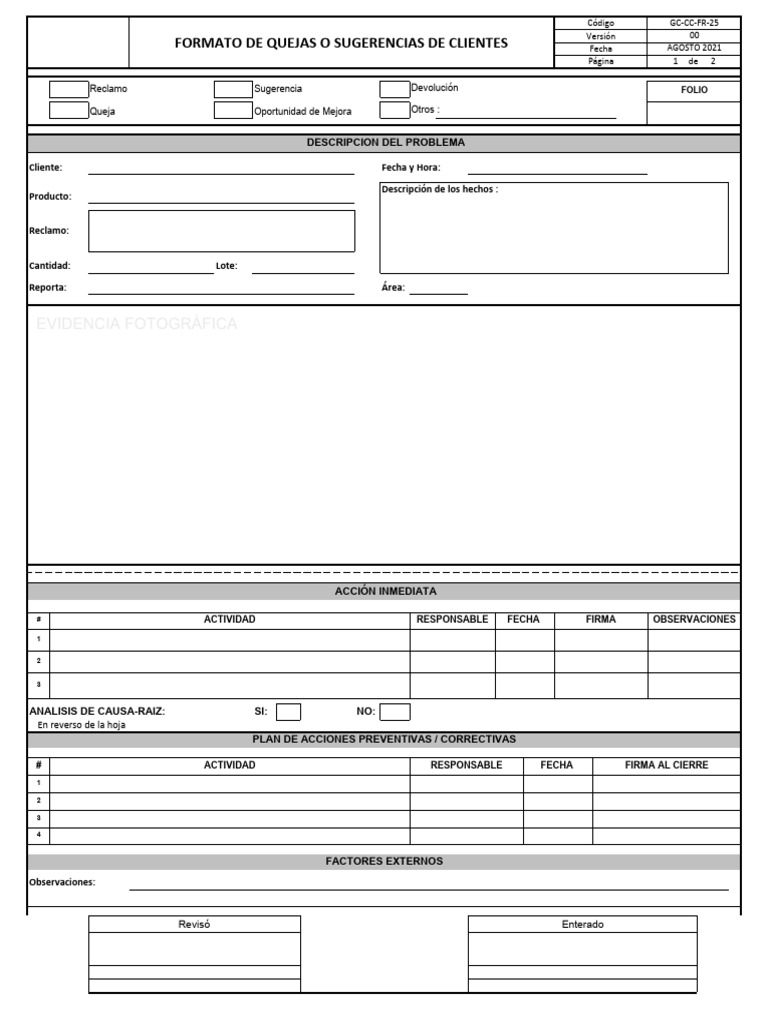 Formato de Queja o Reclamo de Cliente | PDF