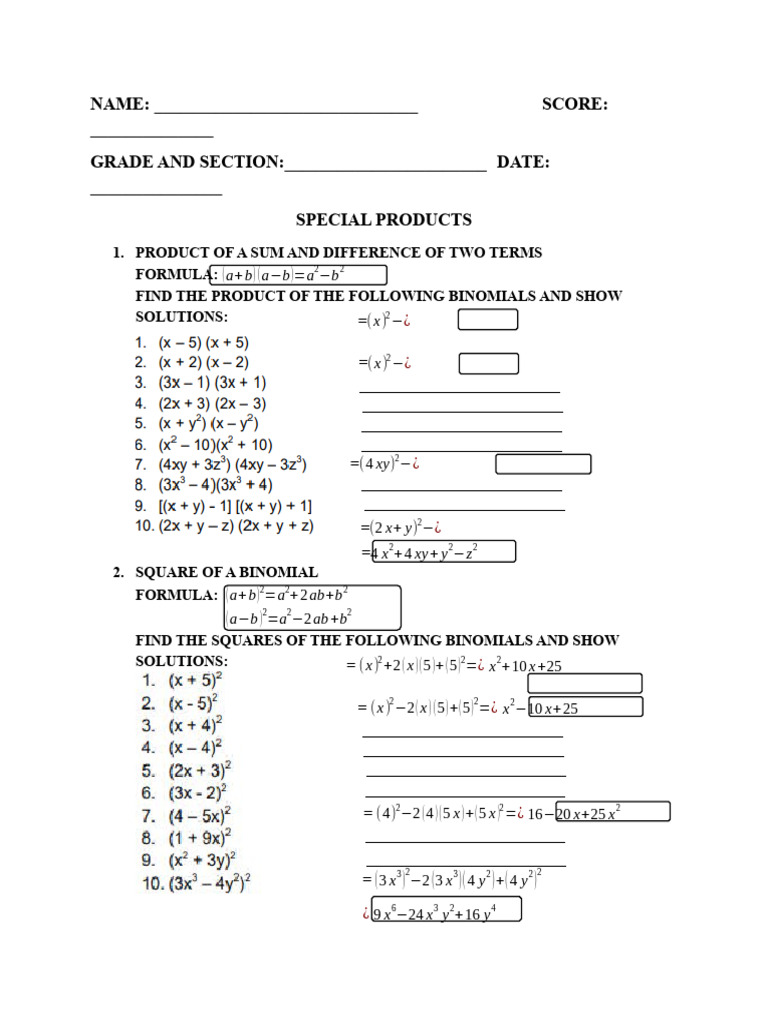 Special Products of Binomials Worksheet | PDF | Teaching Methods ...