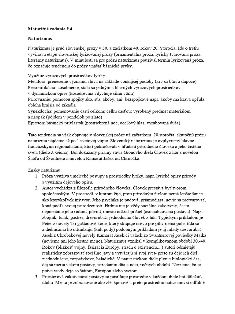 Maturitné Zadanie č.4 Naturizmus | PDF