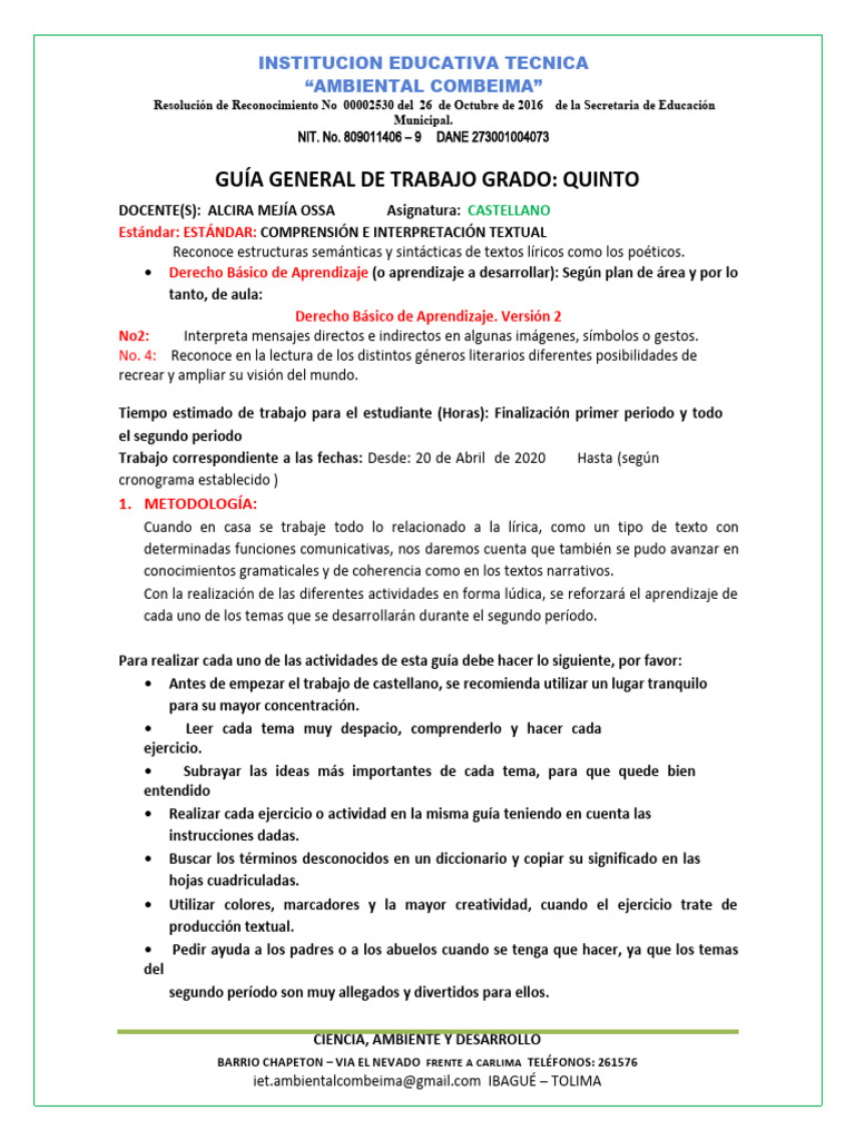 Guía de Género Lírico para Quinto Grado | PDF | Canciones | Poesía