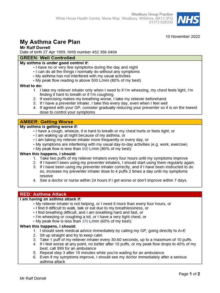 Asthma Care Plan 2 PDF Asthma Cough