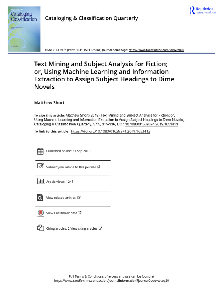 Short, Text Mining and Subject Analysis For Fiction | Download Free PDF | Cluster Analysis ...