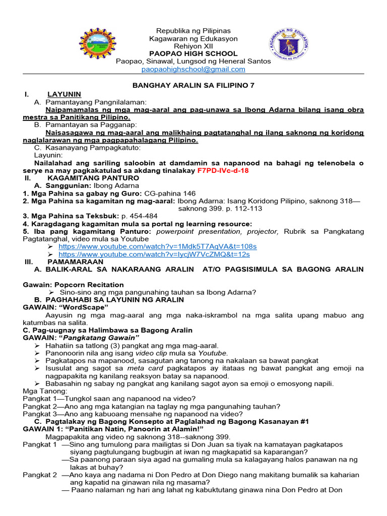 Cot 3 Banghay Aralin Sa Filipino 7 | PDF