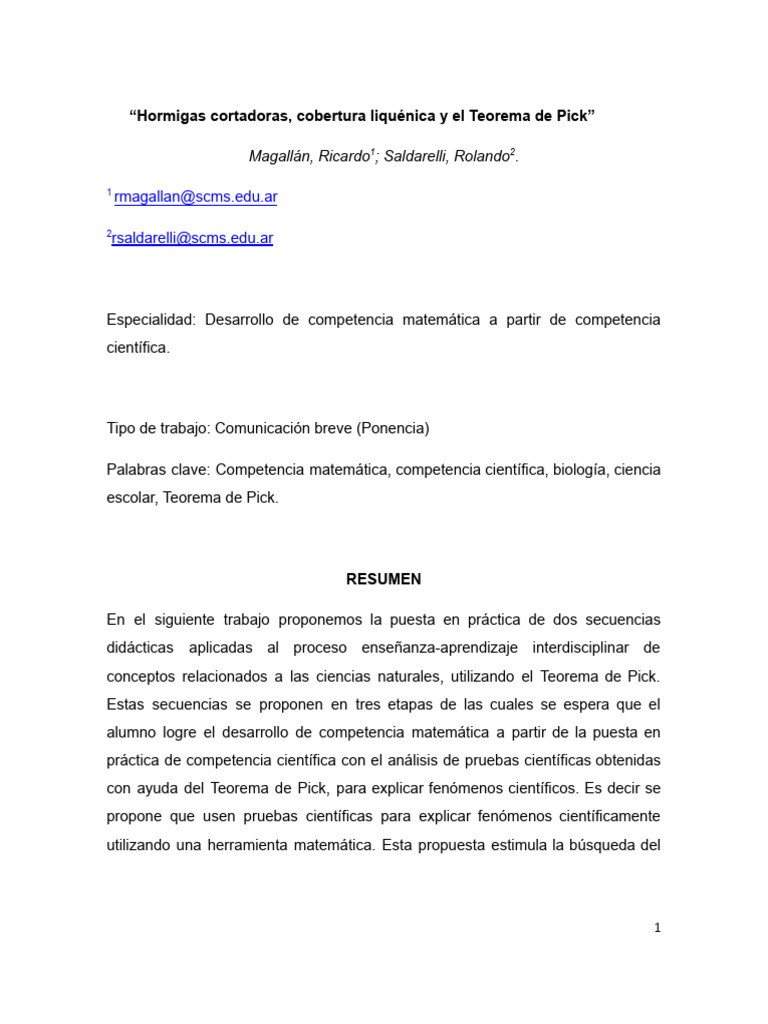 Hormigas Cortadoras, Cobertura Liquénica y Teorema de Pick | PDF | Matemáticas | Enseñando