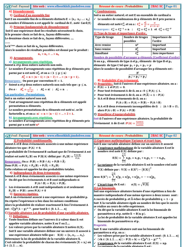 Résumé cours-Probabilités-2-bac-SC-2023 | PDF | Variable aléatoire | Probabilité