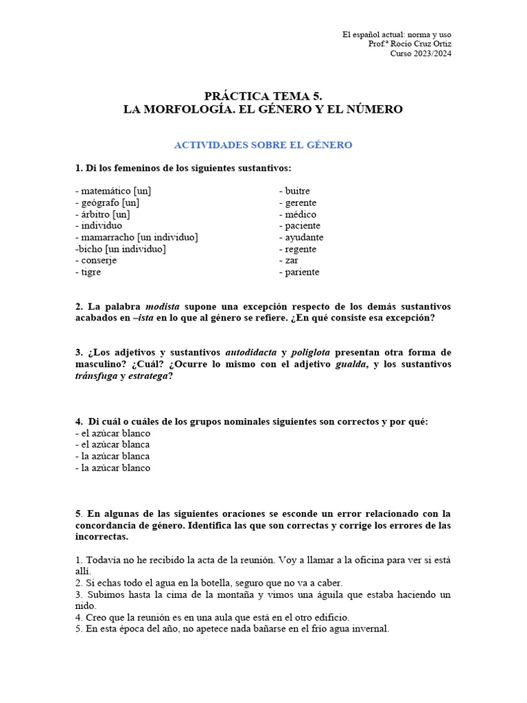 Morfología del género y número en español | PDF | Sintaxis | Tipología ...