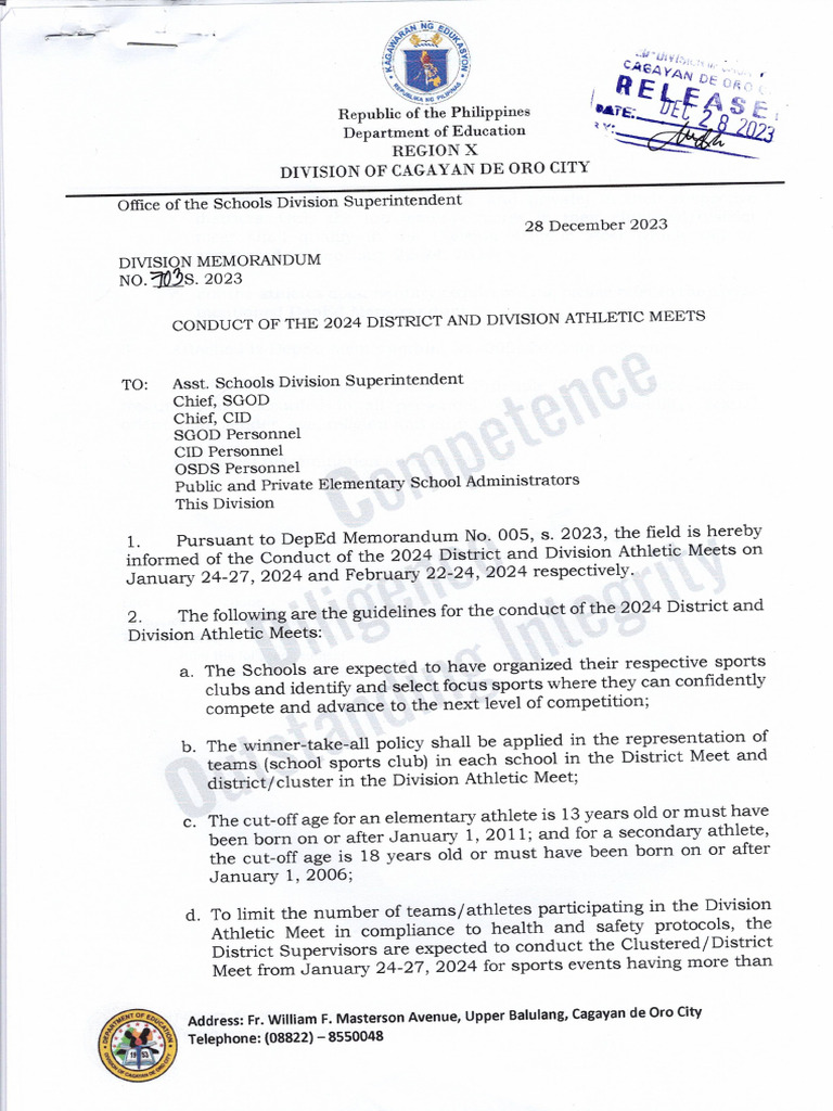 DM703s2023 - Conduct of The 2024 District and Division Athletic Meets | PDF
