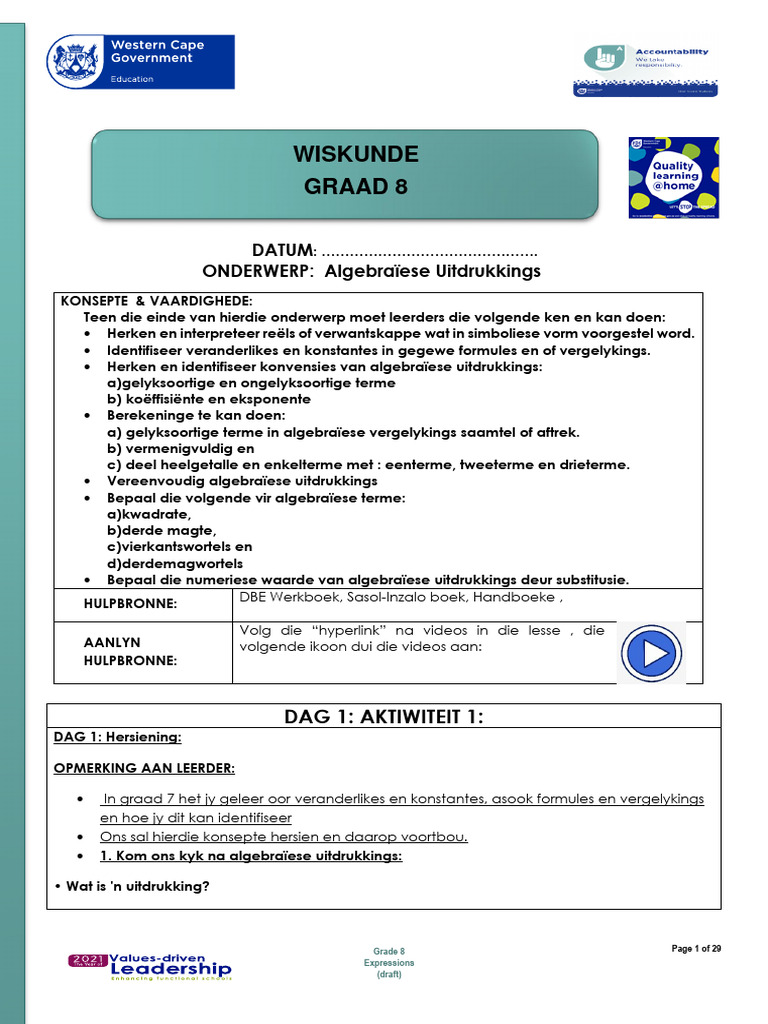 Wisk GR 8 Algebraiese Uitdrukkings 1 | PDF