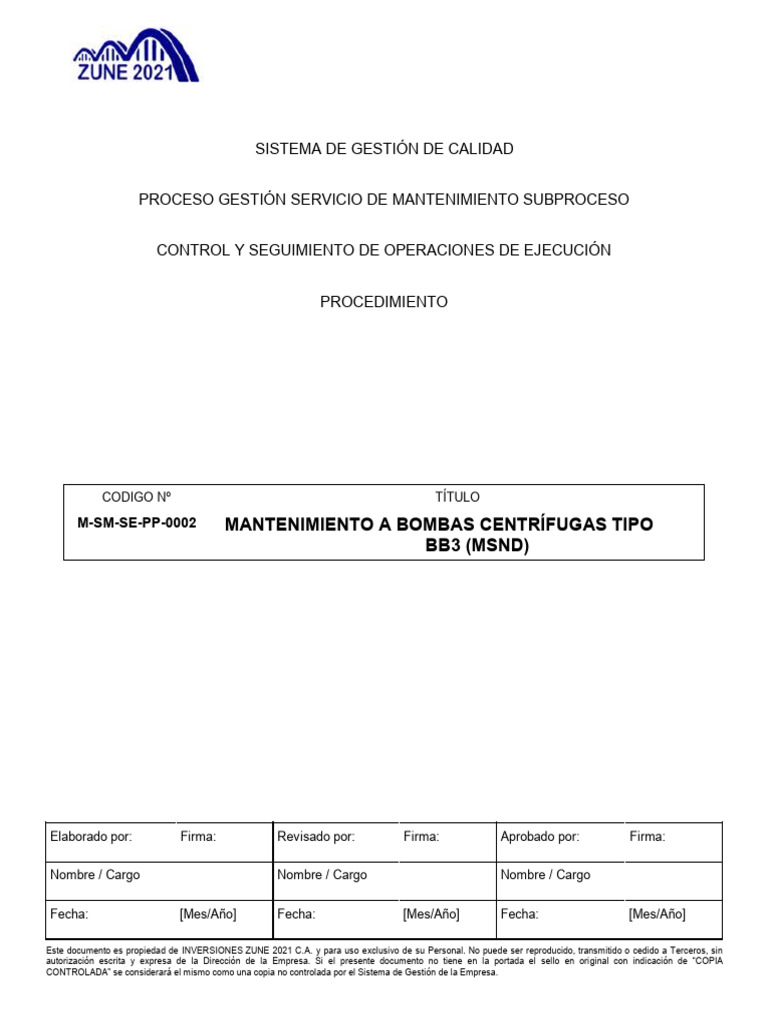 M-SM-SE-PP-0002 Mantenimiento de Bombas BB3 MSND Rev.0 | Descargar ...