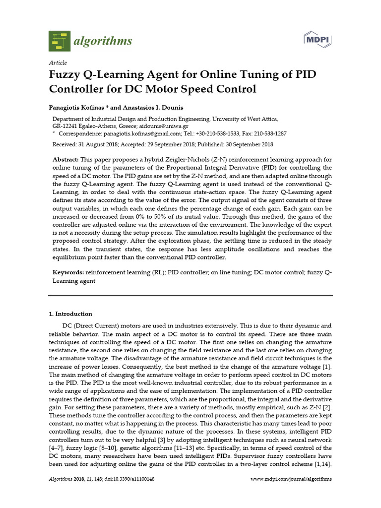 Fuzzy Q-Learning Agent For Online Tuning of PID Controller | PDF | Control Theory | Applied ...