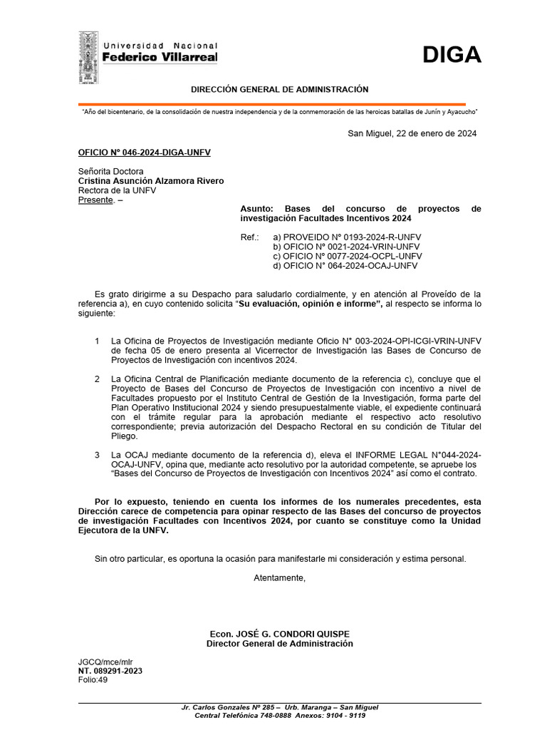 OFICIO #046-2024-DIGA-UNFV A RECTORADO - Bases Del Concurso de Proyectos de Investigación ...