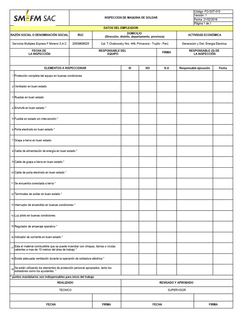 Fo-Sst-010 Formato Inspección Maquina de Soldar | PDF | Soldadura | Construcción