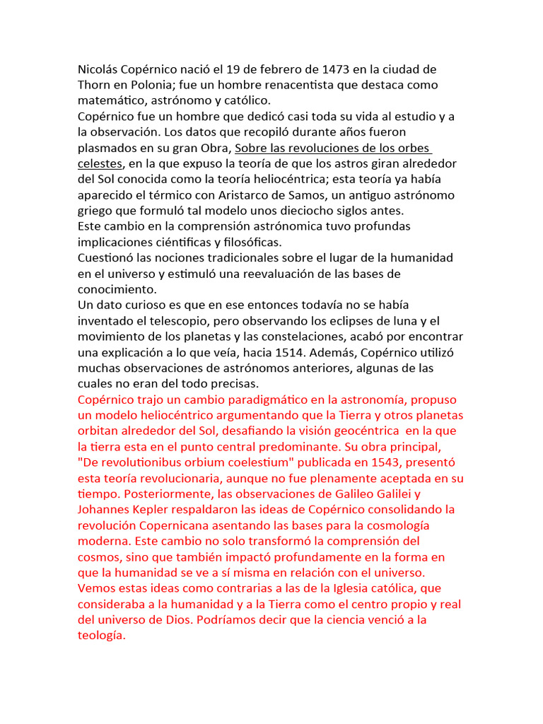 Copérnico y la Revolución Heliocéntrica | PDF | Nicolás Copérnico ...