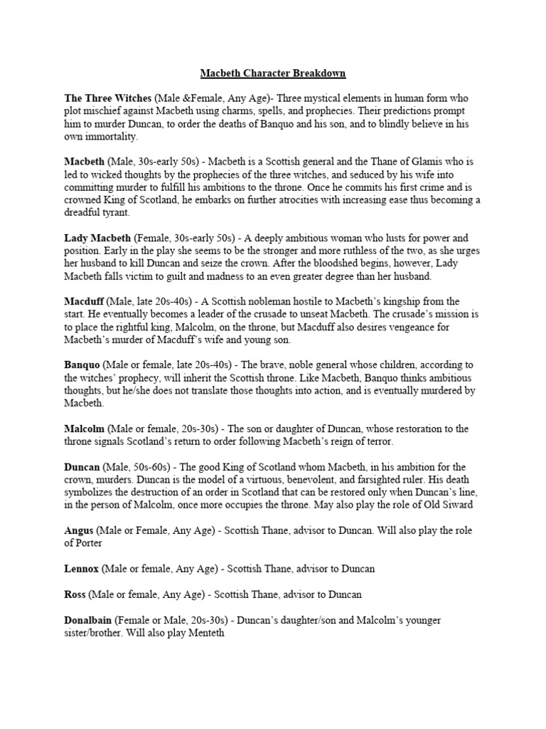 Macbeth Character Roles Guide | PDF | Macbeth | Shakespearean Tragedies