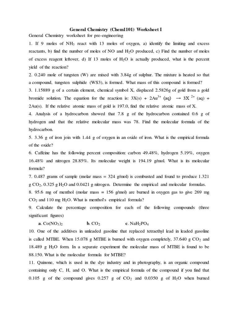 Final Worksheet For Pre-Engineering Students | PDF | Mole (Unit) | Chemical Reactions